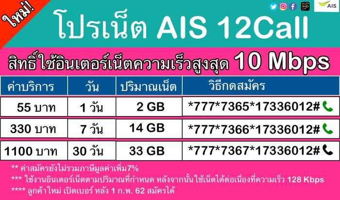 โปรเน็ต AIS 12Call Non-stop ความเร็วเน็ต 10Mbps รายวัน รายสัปดาห์ ราย ...