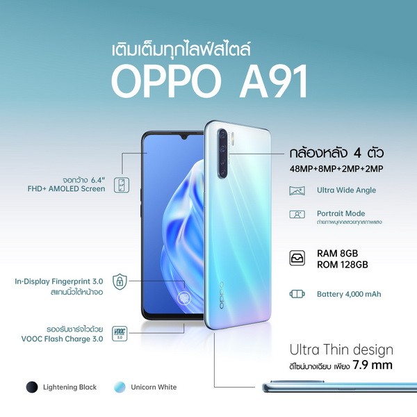 OPPO A91 สมาร์ทโฟนดีไซน์บางเฉียบ พร้อม 4 กล้องหลัง “เติมเต็มทุกไลฟ์ ...